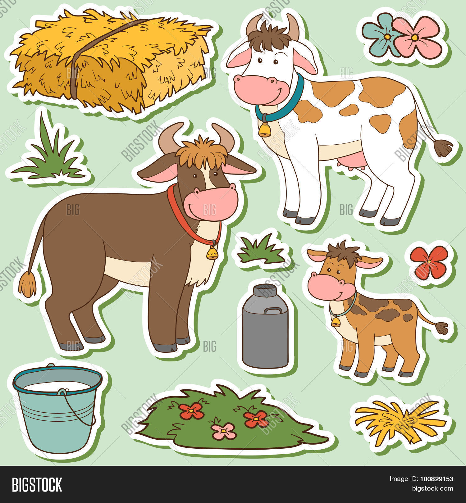 Color Set Of Cute Farm Animals And Objects, Vector Family Cow And ...