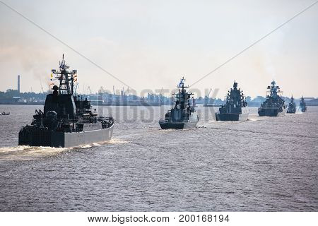 A line of modern russian military naval battleships warships in the row ...