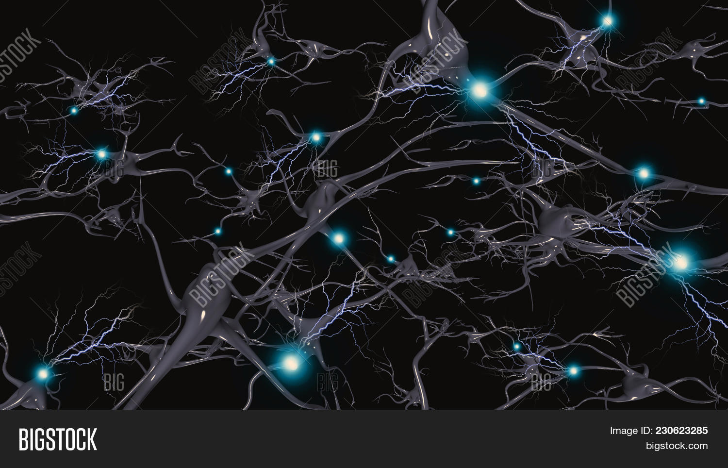 Brain cells with electrical firing. 3D rendering image & stock photo ...
