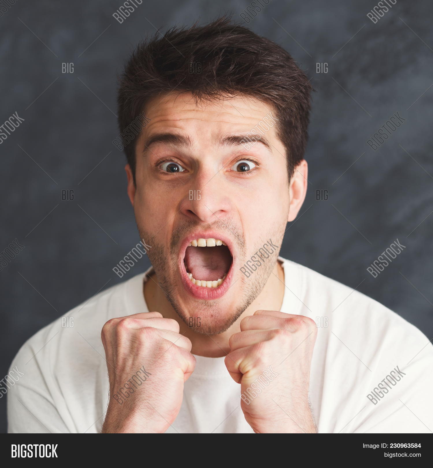 Portrait Of Angry Crying Man. Aggressive Guy Screaming Loudly, Gray ...