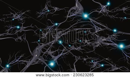 Brain cells with electrical firing. 3D rendering image & stock photo ...