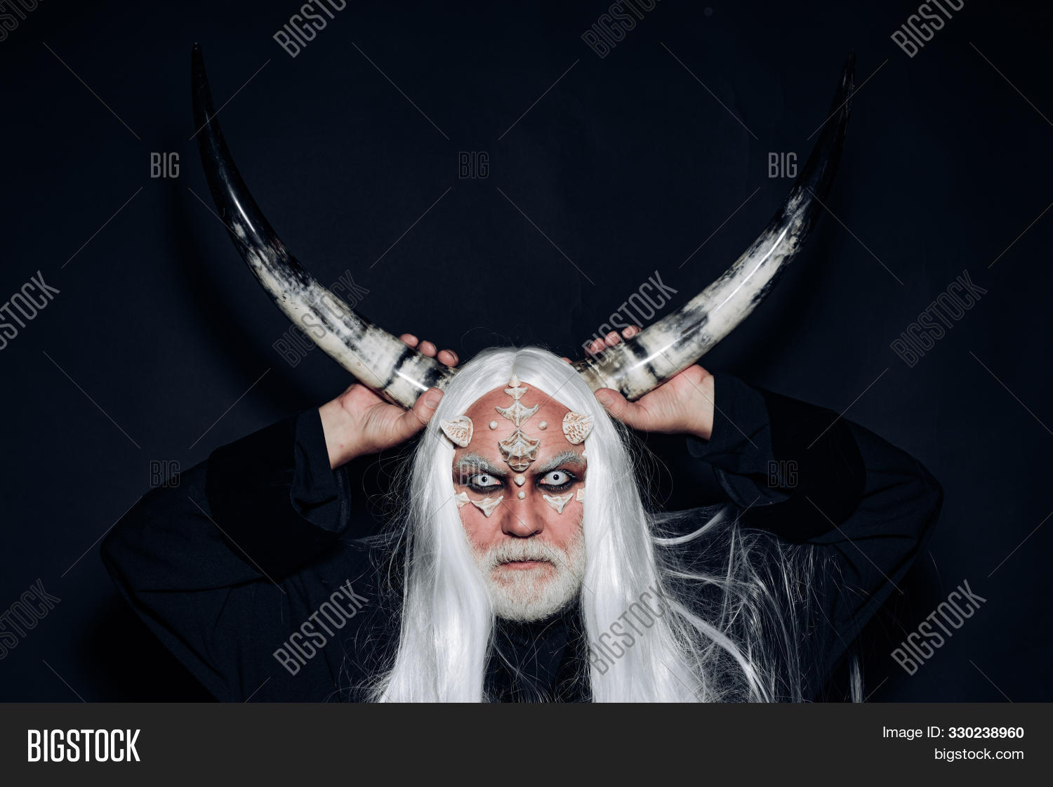 Demon With Bloody Horns On Head. Devil Horns. Devil Horror Concept ...