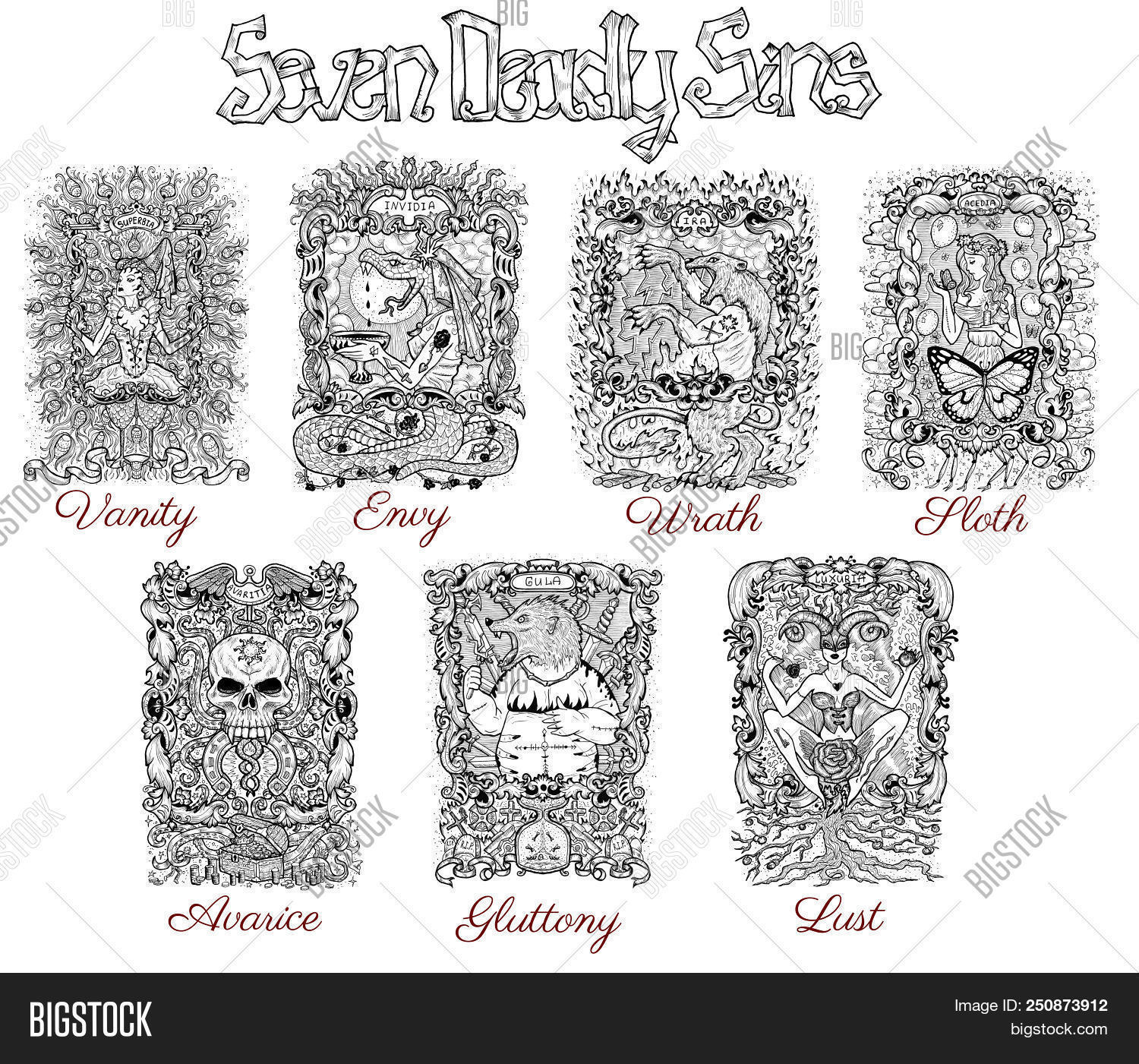 Set With Seven Deadly Sins Characters In Frames, Black And White Line ...
