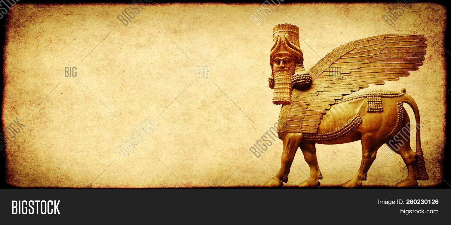 Grunge background with paper texture and lamassu - human-headed winged ...