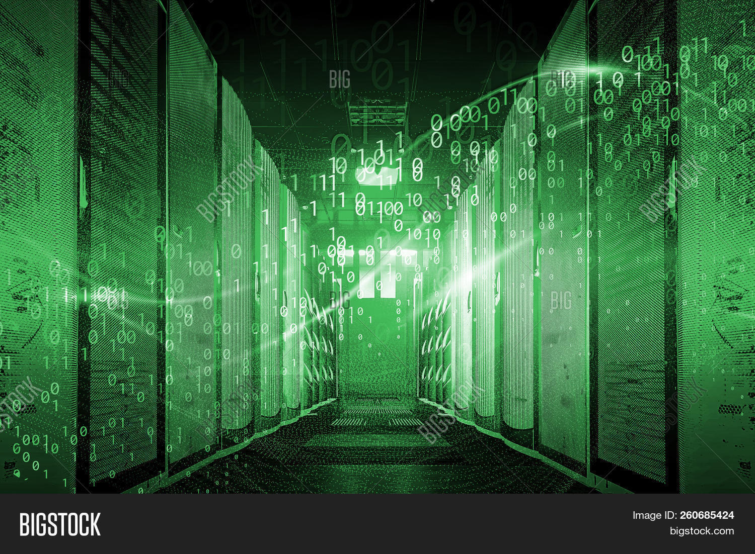 Binary Code Particles And Neon Glowing Cyber Wave. In Modern Server ...