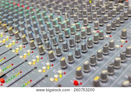 Close Up Mixing Console Of A Big Hifi System, The Audio Equipment And ...