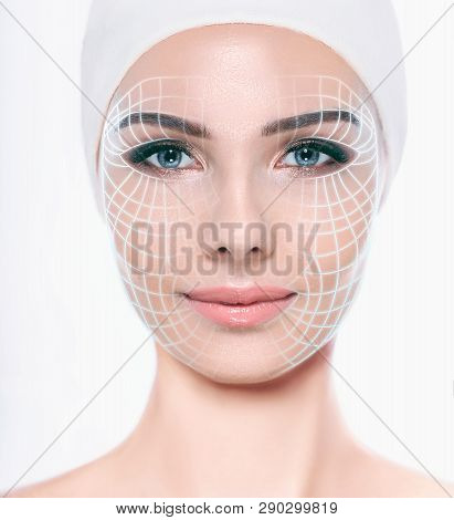 Beautiful Woman Face With Lifting Arrows On Skin . Concept Of Facial ...