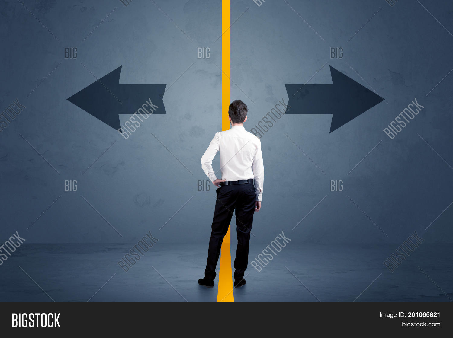 Business person choosing between two options separated by a yellow ...