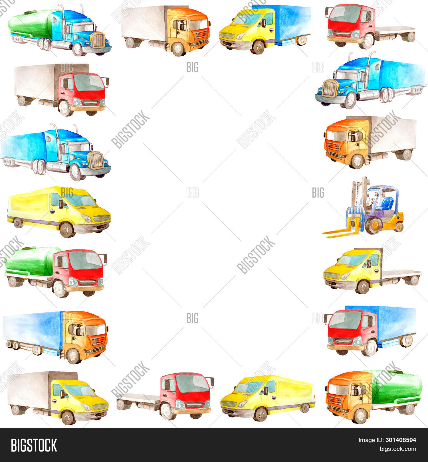 Frame Border Of Watercolor Cartoon Cargo Vehicle, Transport, Trucks And ...