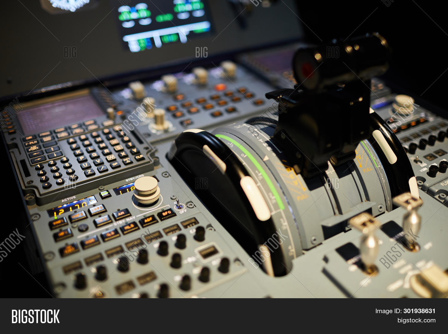 Close-up Of Thrust Levers, Knobs, Buttons And Displays On Airplane ...