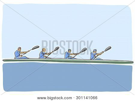 Academic Canoe Rowing. Team Of Four Male Rowers. Vector Flat ...