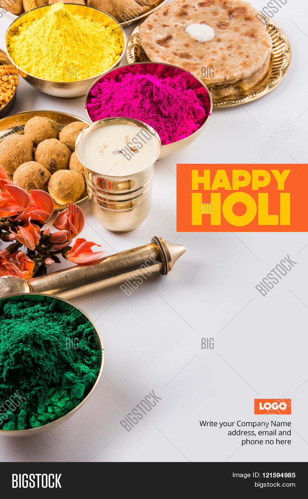 happy holi greeting card, holi food and colours image & stock photo ...