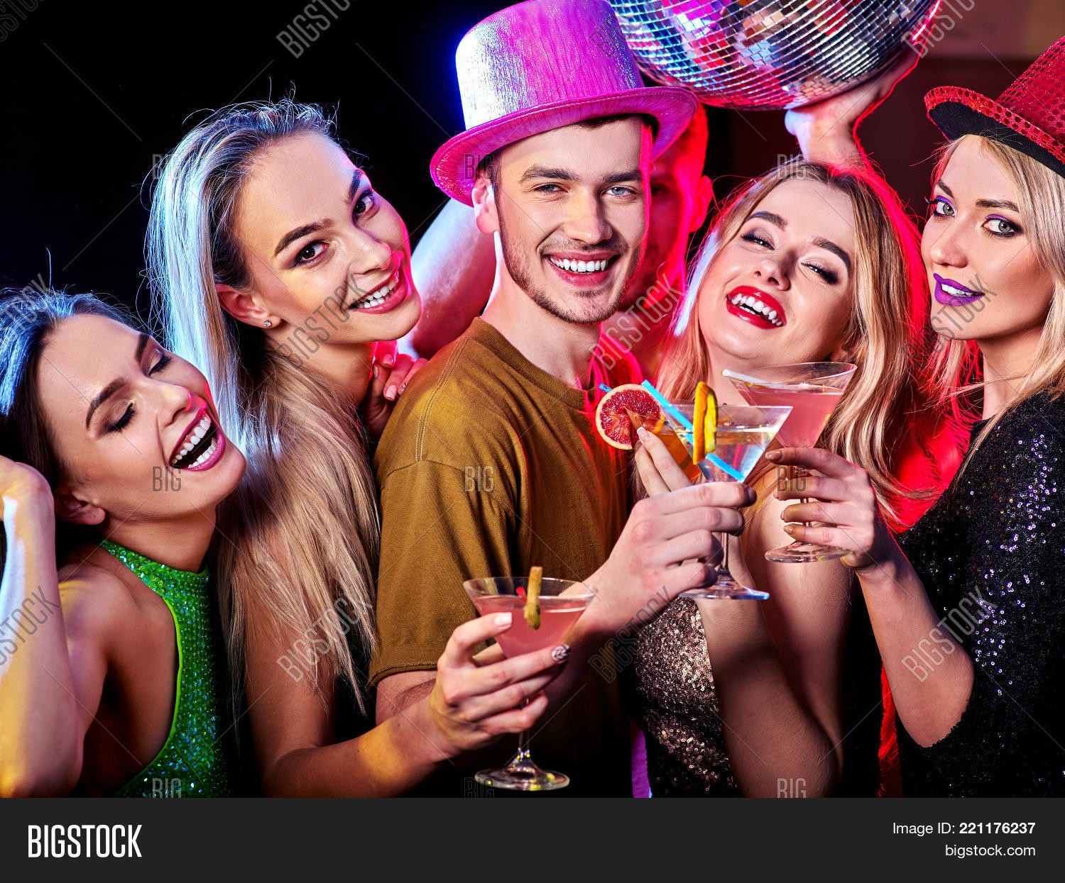 Woman disco night club. Dance party with group people dancing. Female ...