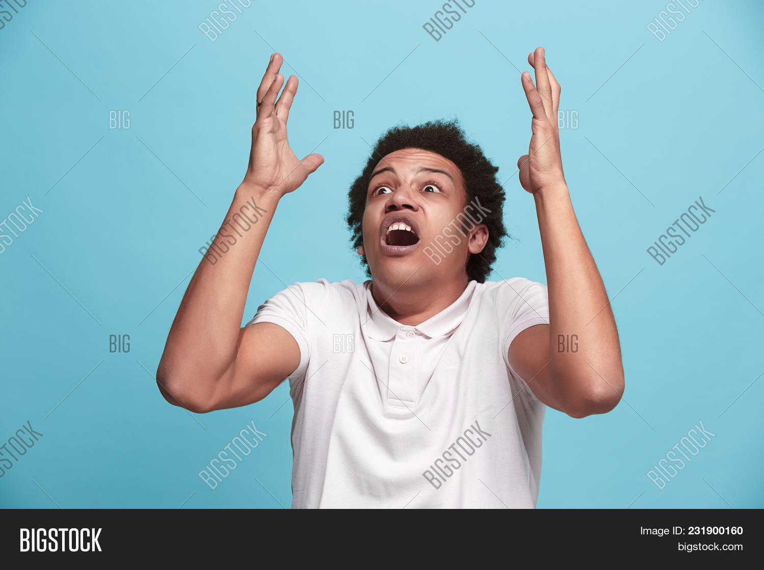 Screaming, Hate, Rage. Crying Emotional Angry Man Screaming On Blue ...