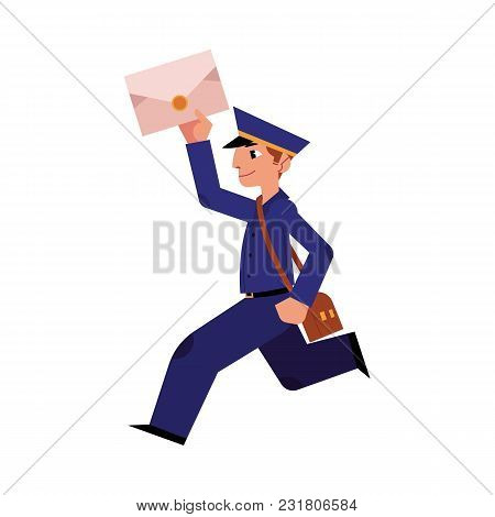 Cartoon Postman Cheerful Character Running Holding Letter Or Mail And ...