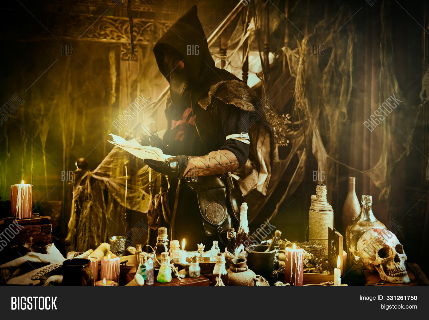 The plague doctor is working at his desk, inventing a cure for bubonic ...