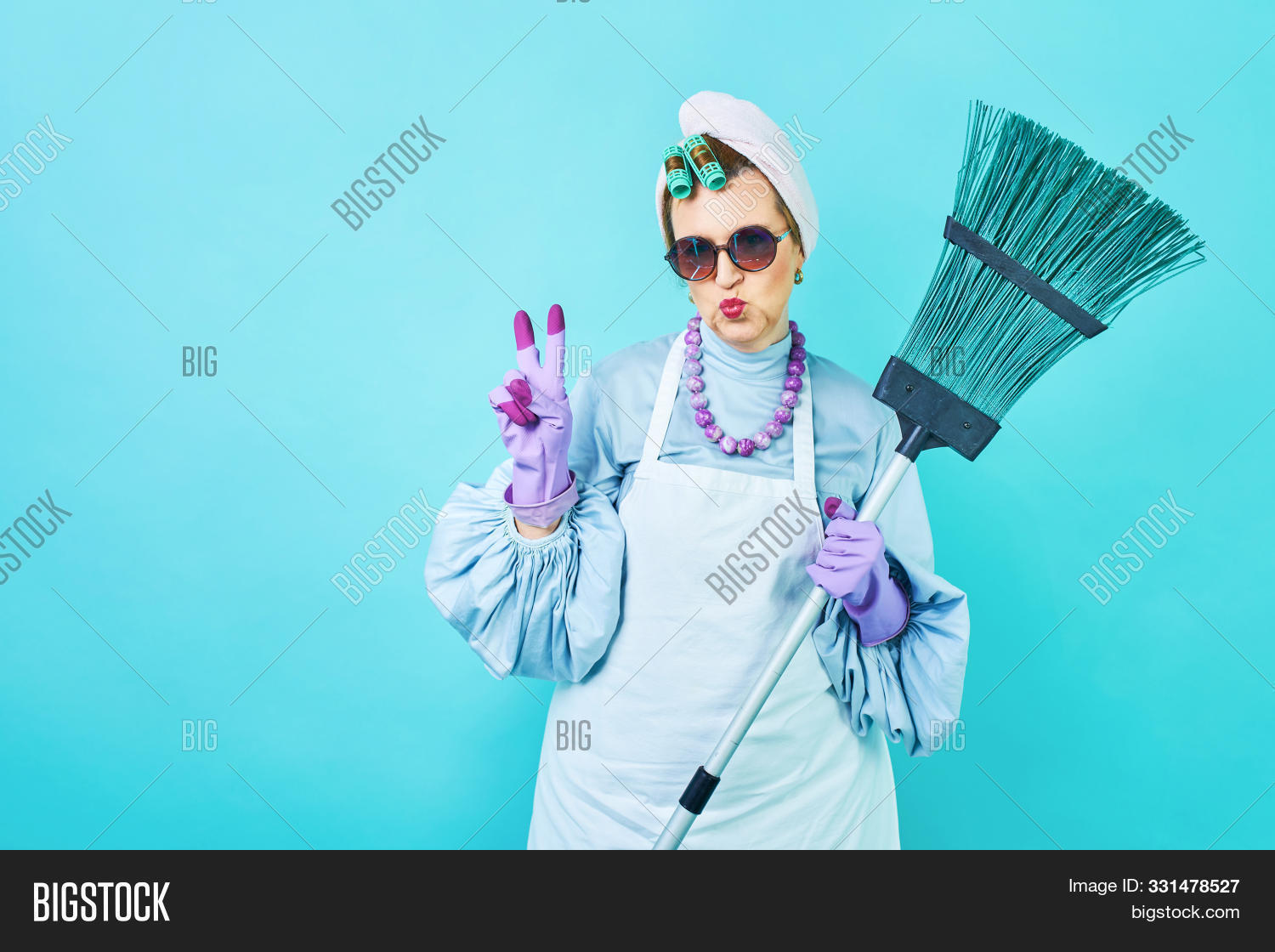 Cleaning Lady Fun. Elderly Funny Housewife Fooling Around With A Broom ...