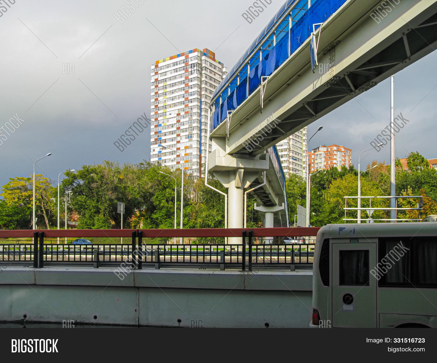 Traffic Interchange, Pedestrian Bridge Crossing Over Motorway Leading ...