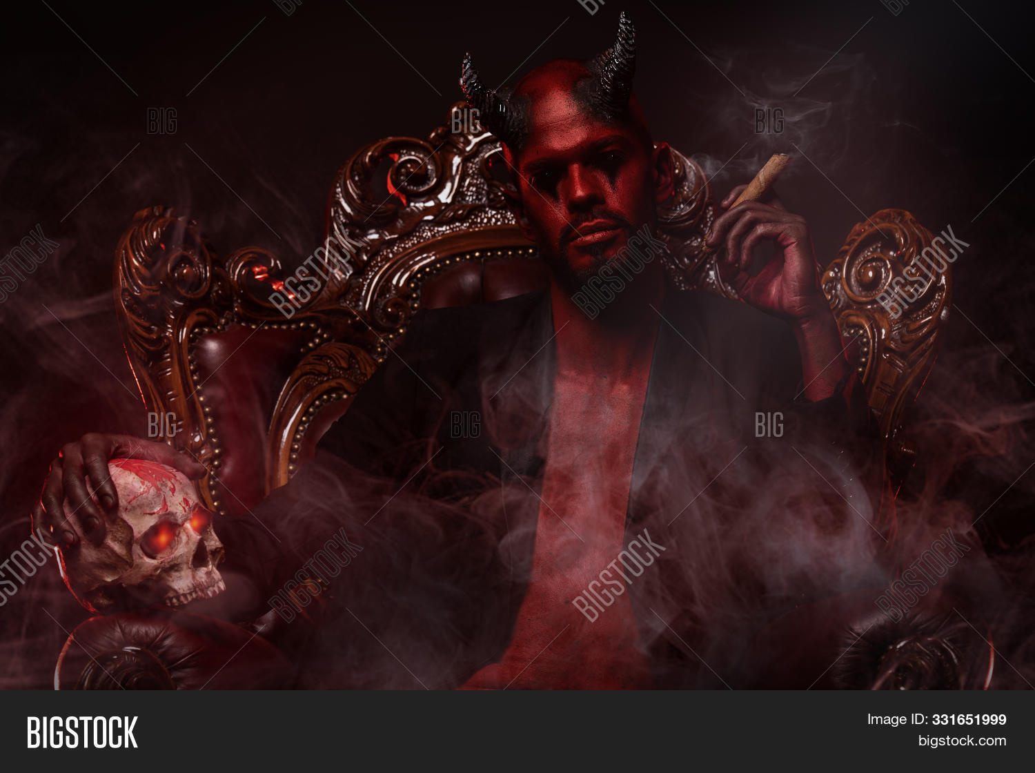 A portrait of a bad demon in his throne with a skull and cigar. Horror ...
