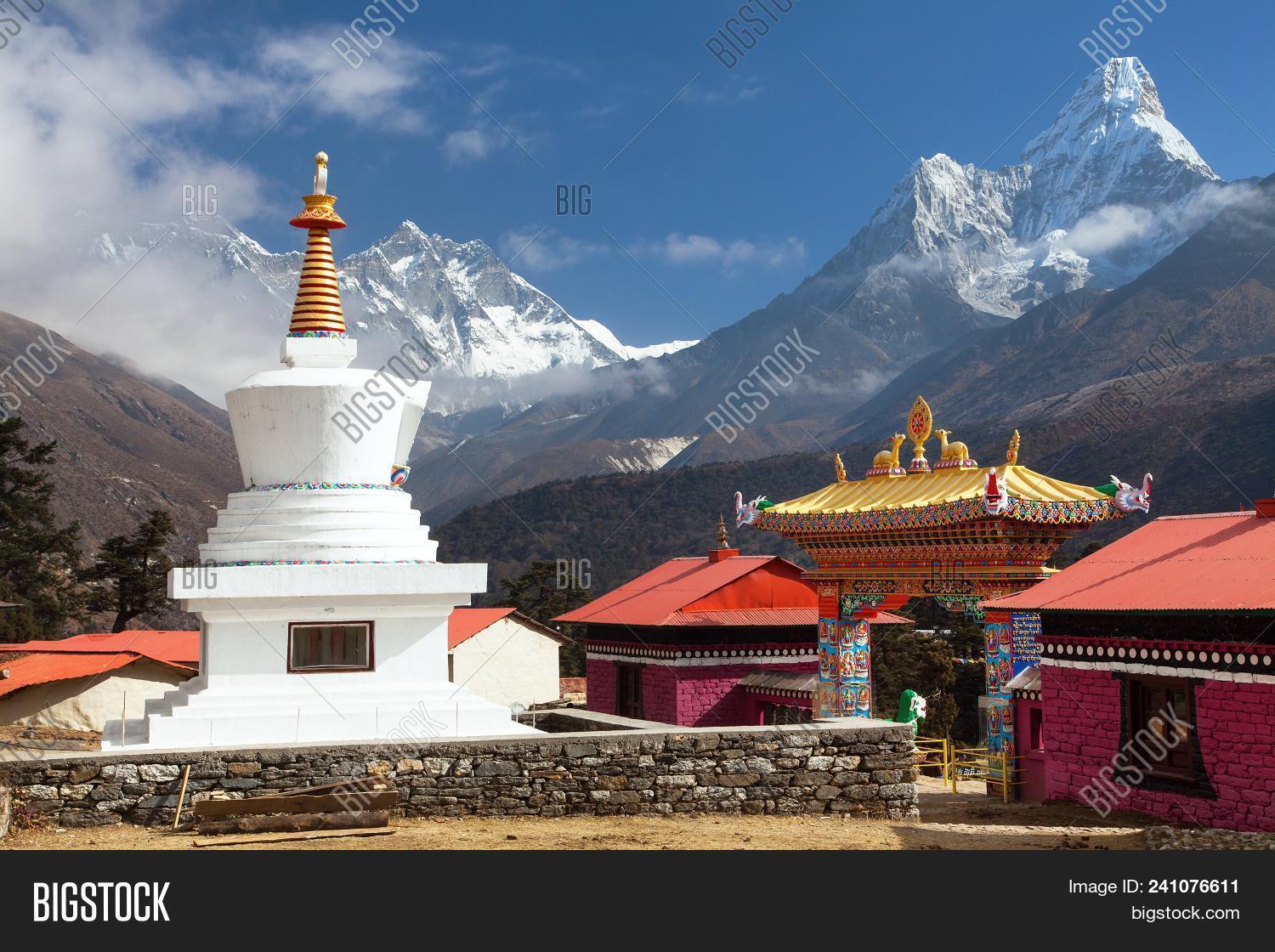 Tengboche Monastery With Stupa And Mount Everest, Lhotse And Ama Dablam ...