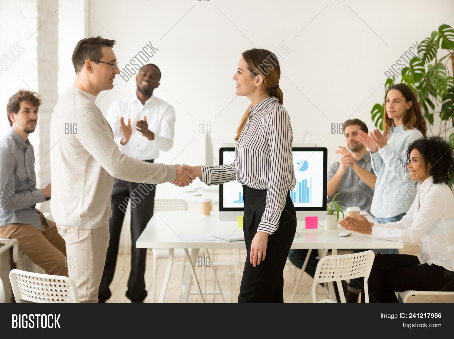 Smiling Female Boss Promoting Rewarding Handshaking Motivated Worker ...