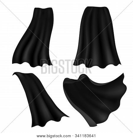 Black Hero Cape. Realistic Draped Black Cloak Front Side And Back View ...