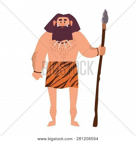 Primitive Archaic Man Wearing Loincloth Made Of Animal Skin And Holding ...