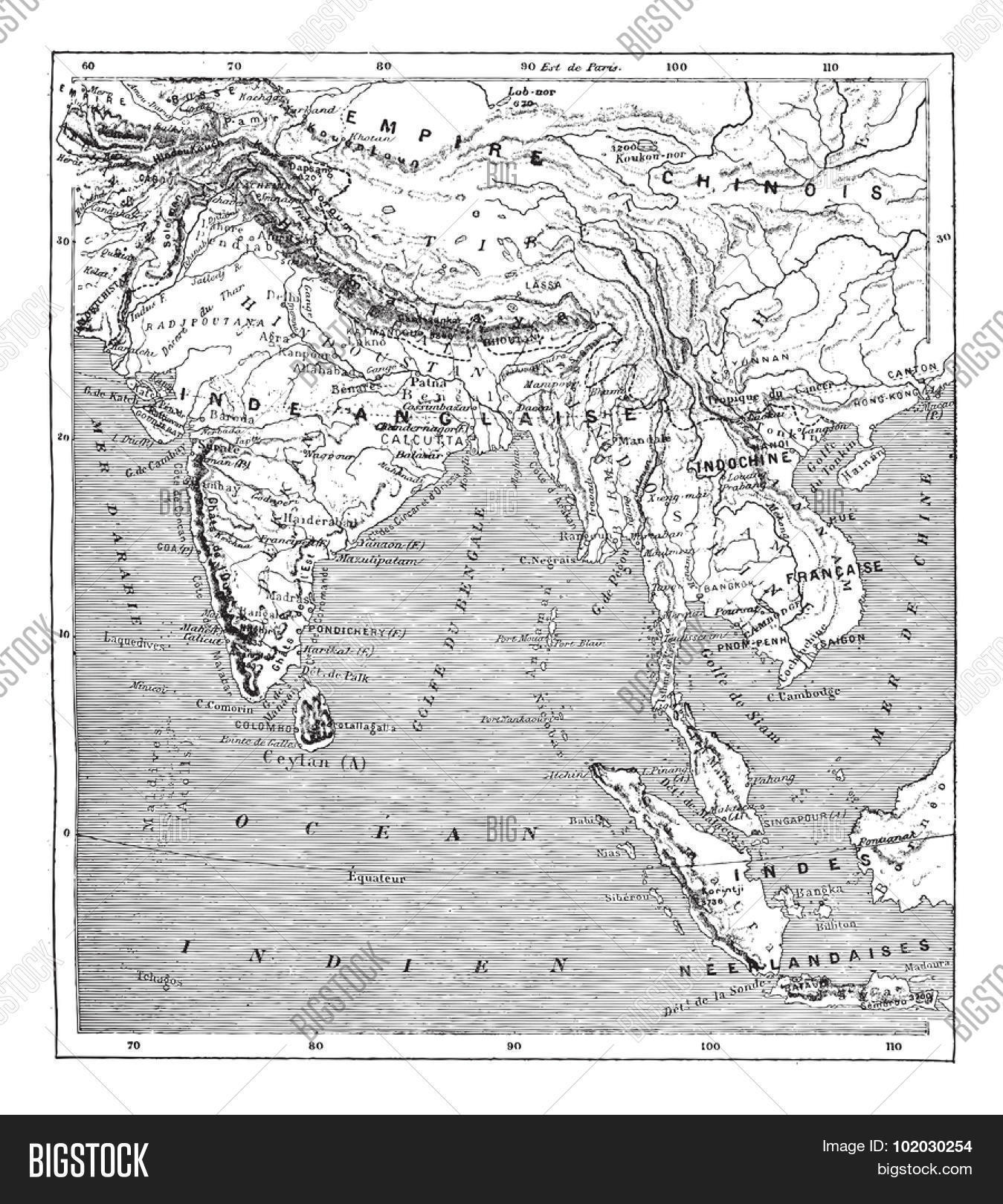 Old engraved illustration of map of India and Indochina. Dictionary of ...