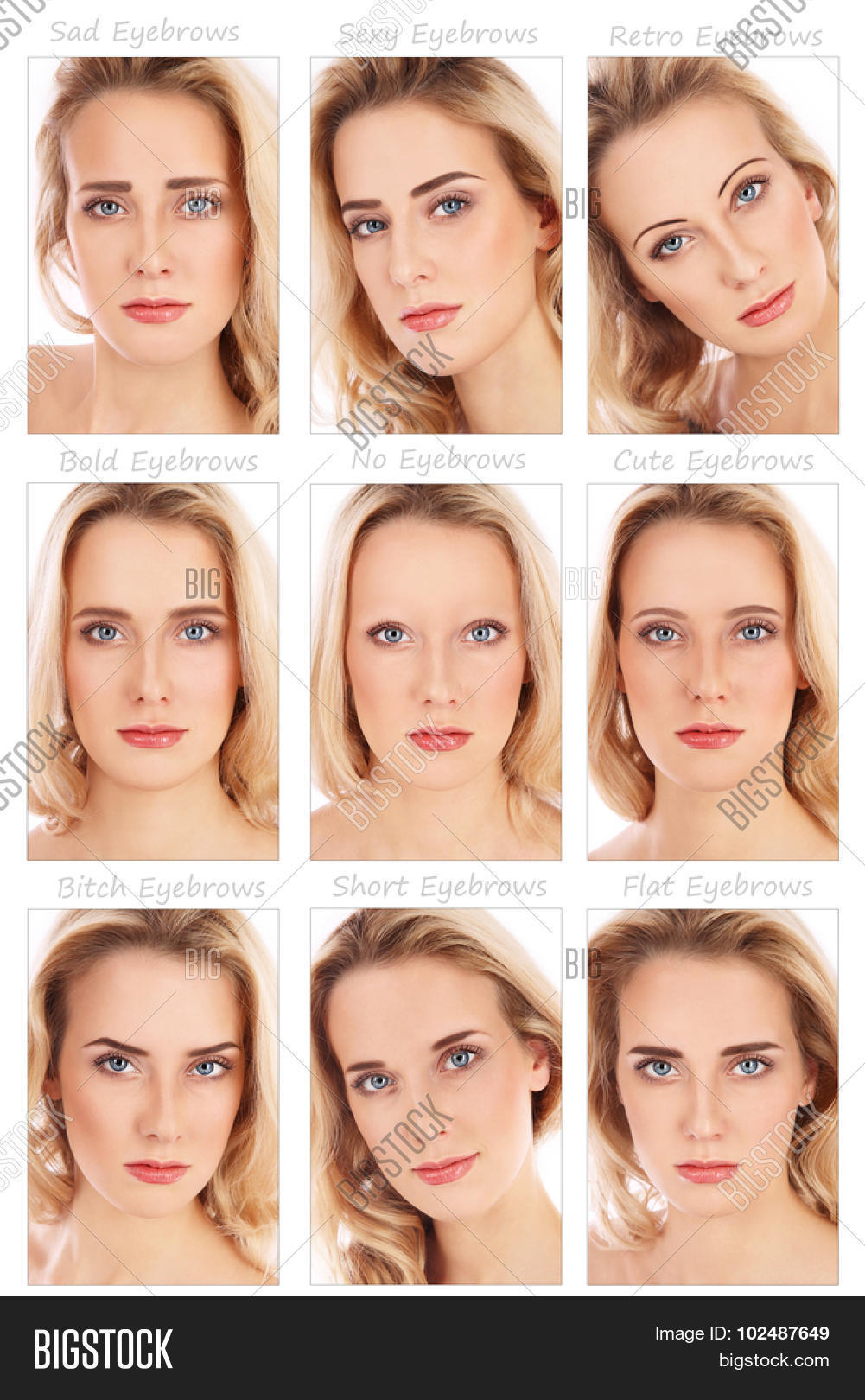 Nine portraits of young beautiful woman with various eyebrow styles on ...