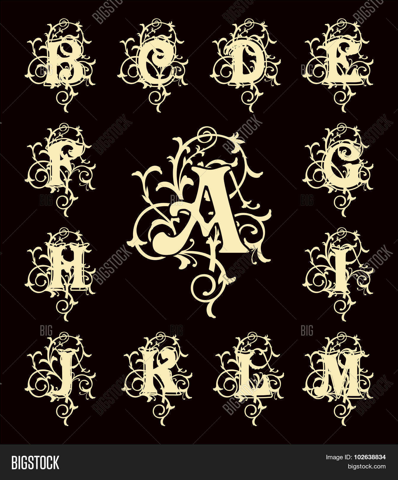 Vintage set capital letters, floral Monograms and filigree font. image ...