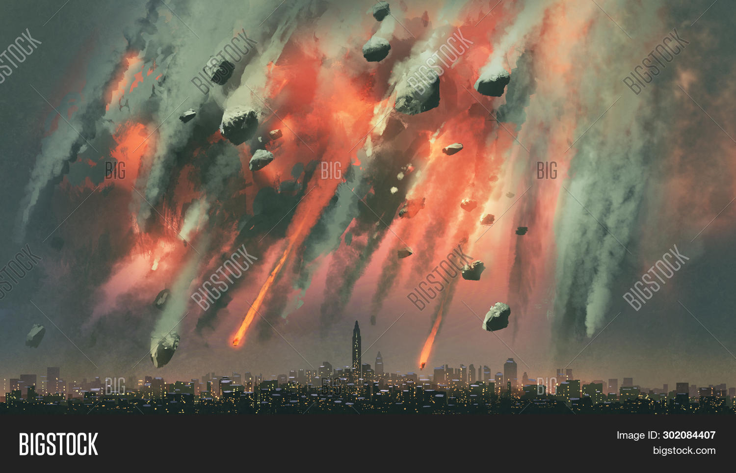 Sci-fi Scene Of The Meteorites Explodes In The Sky Above The City ...