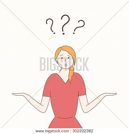 A Girl In Red Dress Shrugs With Naive Curious Funny Face And Arms Apart ...