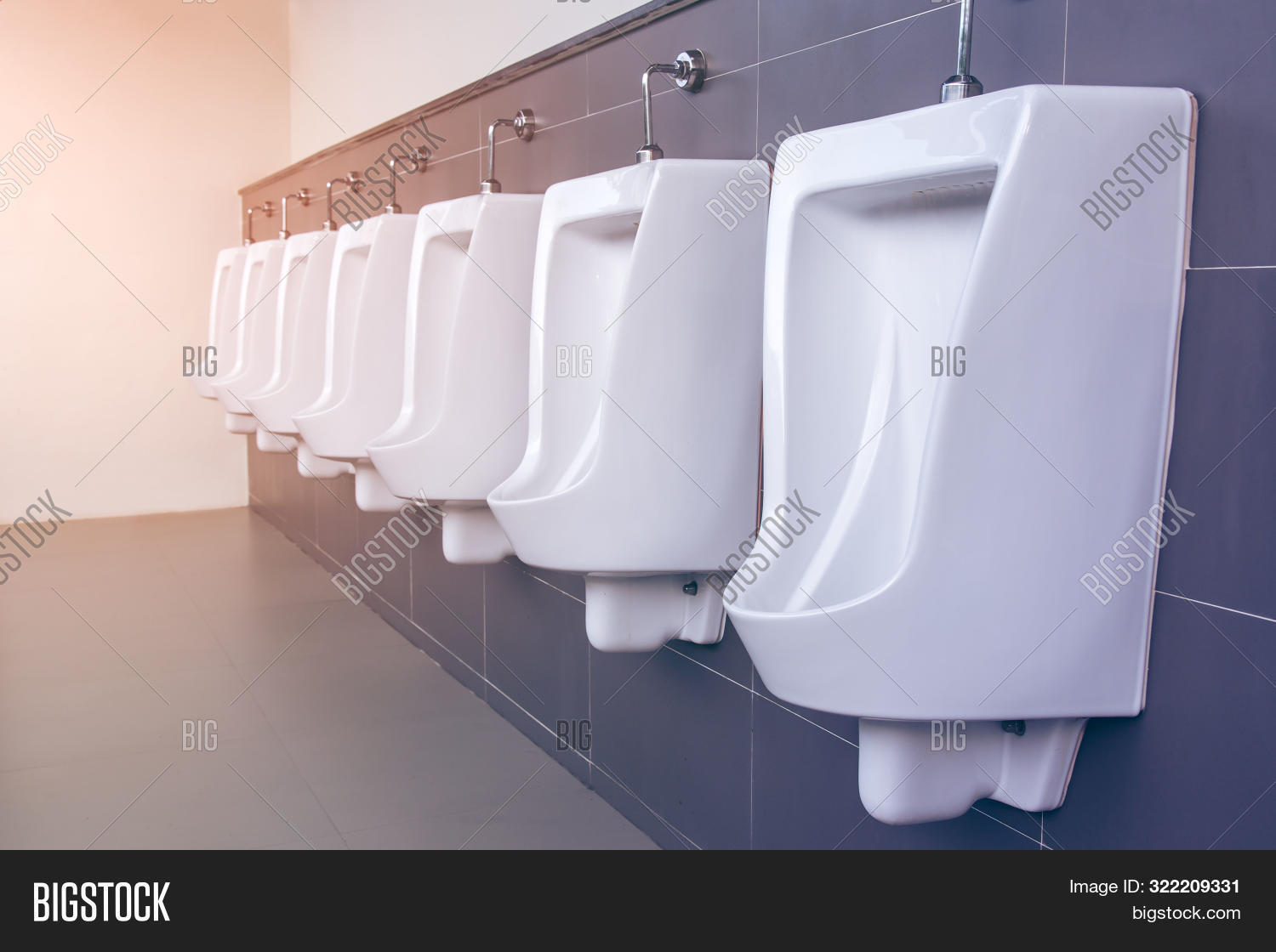 Men's Room With White Porcelain Urinals In Line. Modern Clean Public ...
