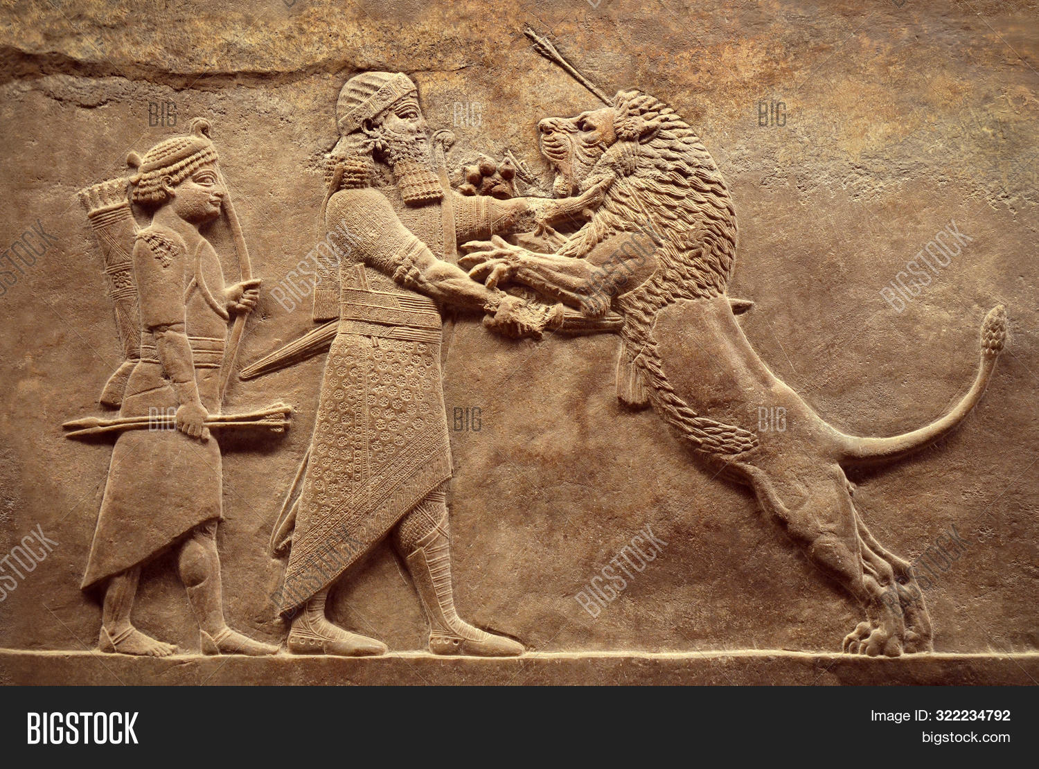 Assyrian Wall Relief, Detail Of Panorama With Royal Lion Hunt. Old ...