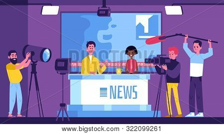 Tv News Studio With Presenters And Crew With Equipment Cartoon Vector ...