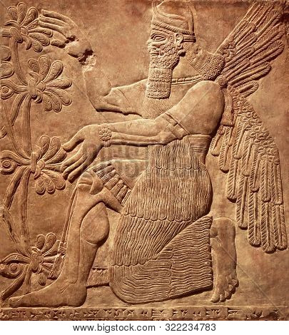 Assyrian Wall Relief Of A Winged Genius. Old Carving Panel From The ...