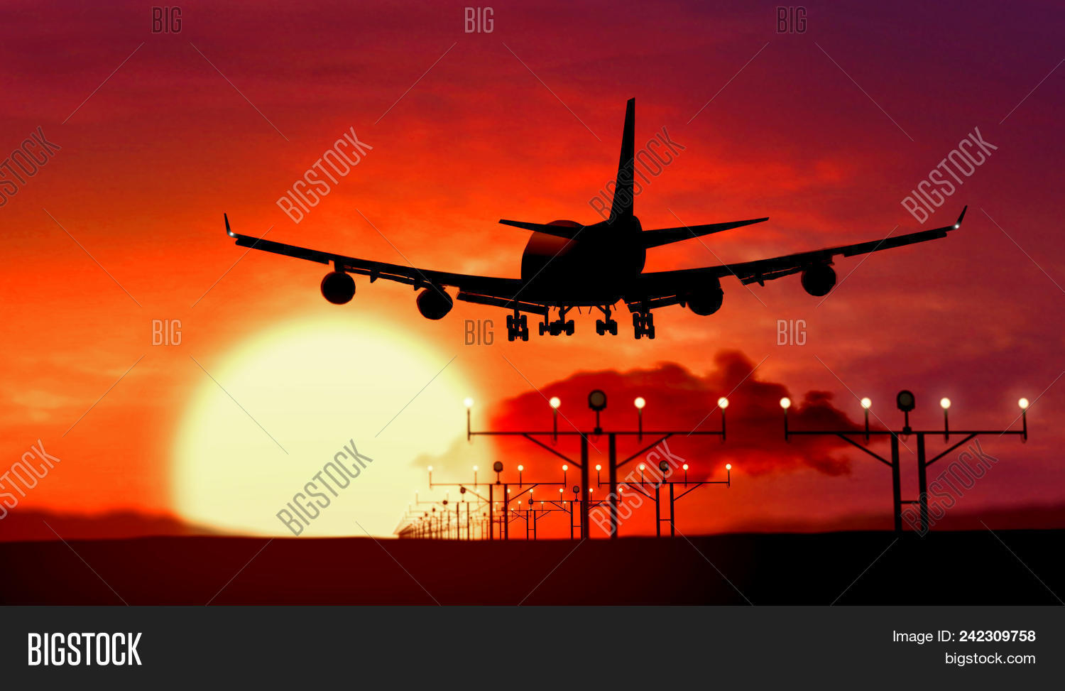 Airplane Silhouette Of Jumbo Jet Lands At The Airport During Sunset ...