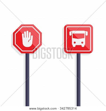 Stop Sign And Bus Sign Illustration Flat, Stop Sign Board With Hand ...