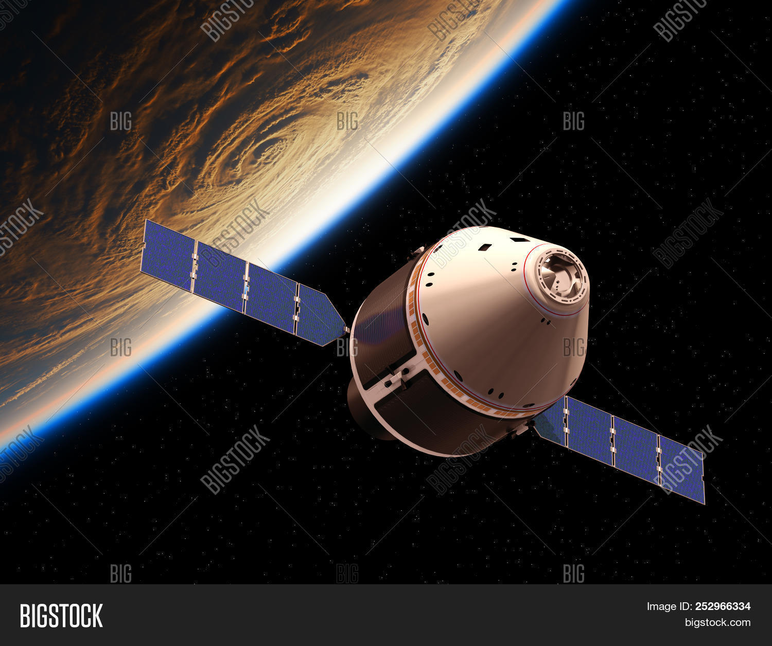 Crew Exploration Vehicle Orbiting Planet Earth. 3d Illustration. image ...