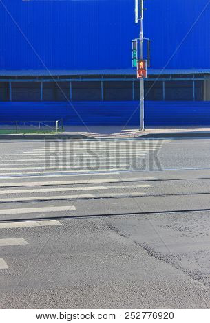 Pedestrian Crosswalk With Traffic Light On City Street. Empty Crosswalk ...