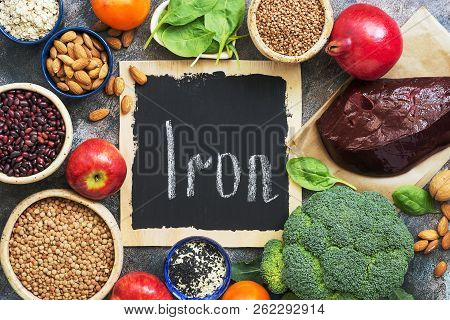 Foods High In Iron. Vegetables, Fruits Rich In Iron On A Rustic ...