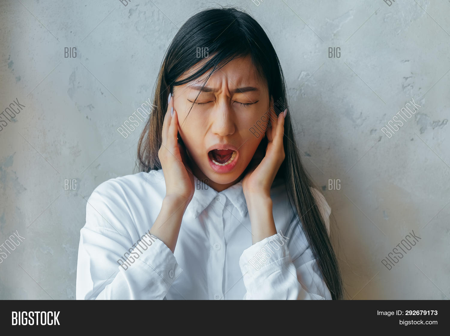 Stressed Angry Stubborn Beautiful Asian Girl In White Shirt Sticking ...