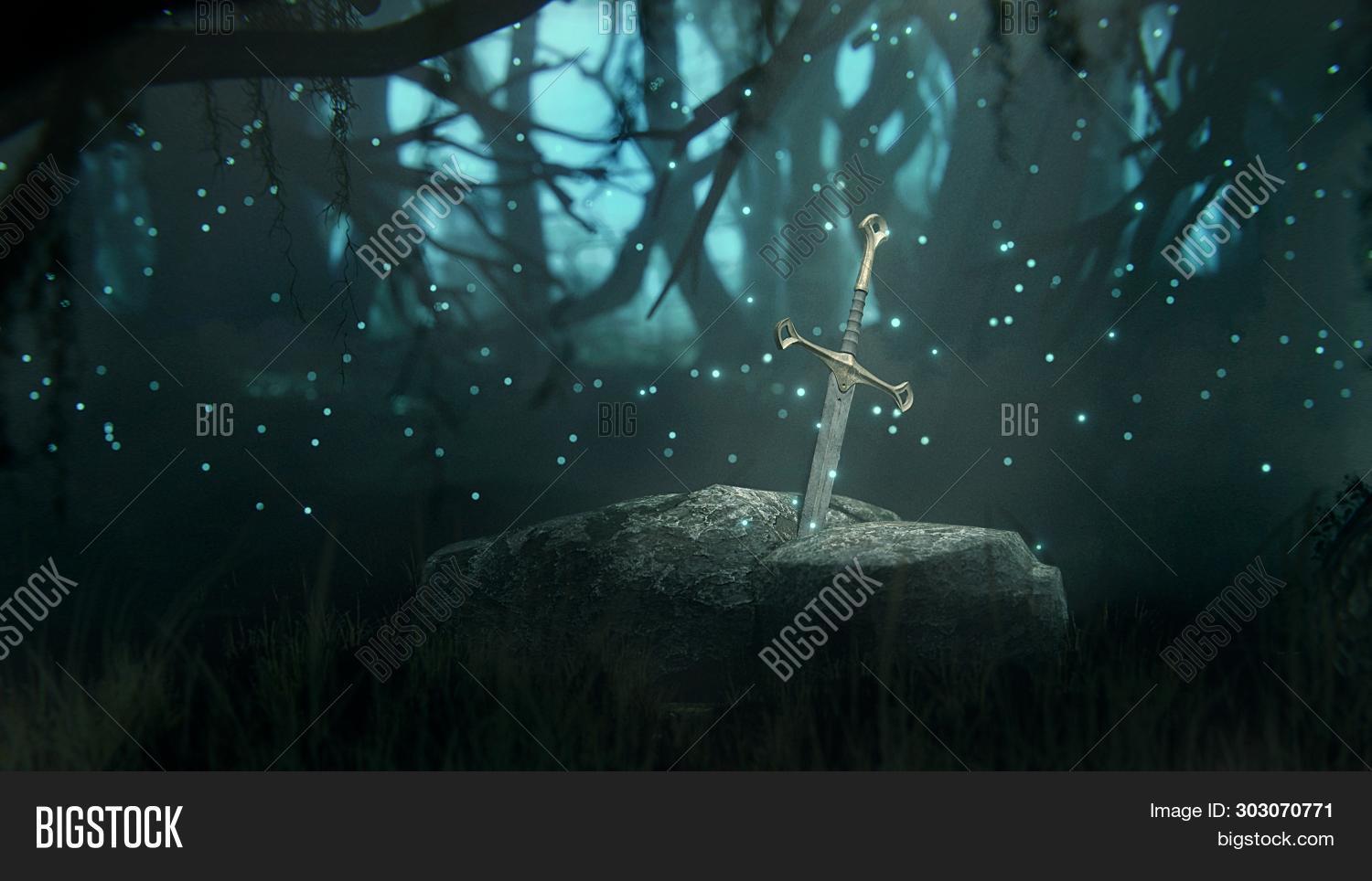 3d Illustration, Render. Excalibur Sword Trapped In Stone. Iconic Scene ...