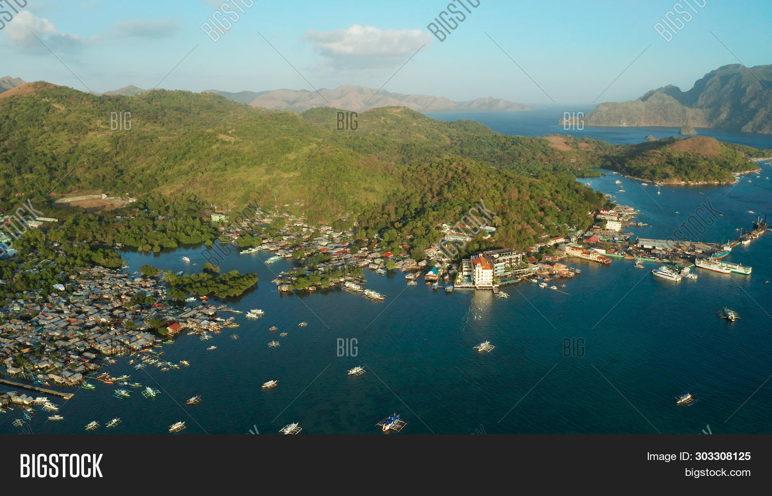 Aerial View Coron City With Slums And Poor District. Sea Port, Pier ...