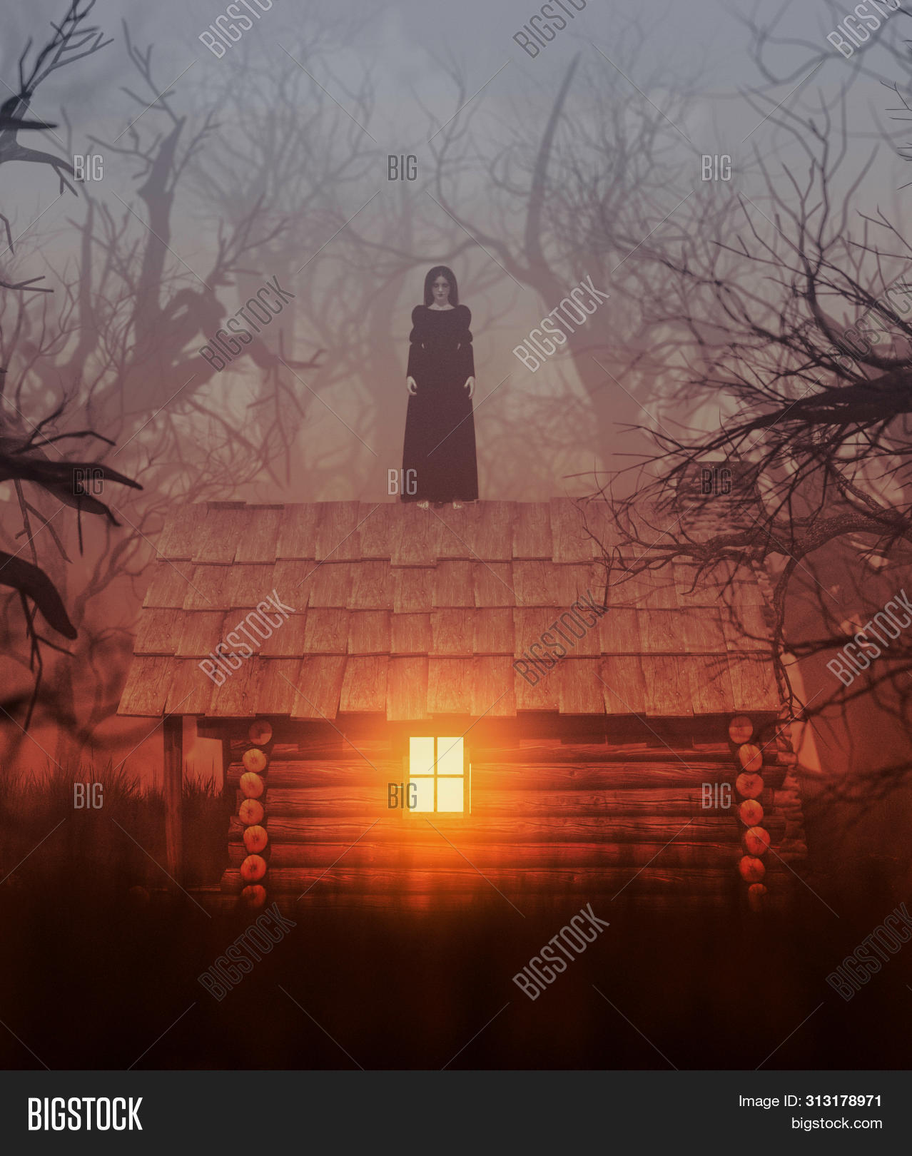 Ghost Woman In Black Standing On The Roof Of A Cabin In Creepy Forest ...