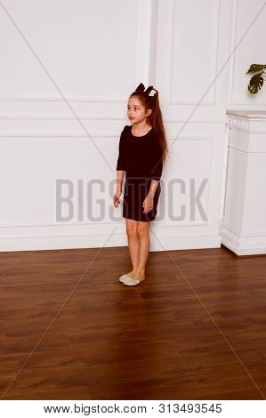 Little Fashion Model In Dress Photo In Photostudio Backstage. A Child ...