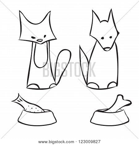 Abstract cat and dog. Pets and bowls of food. Kitten and the puppy and ...