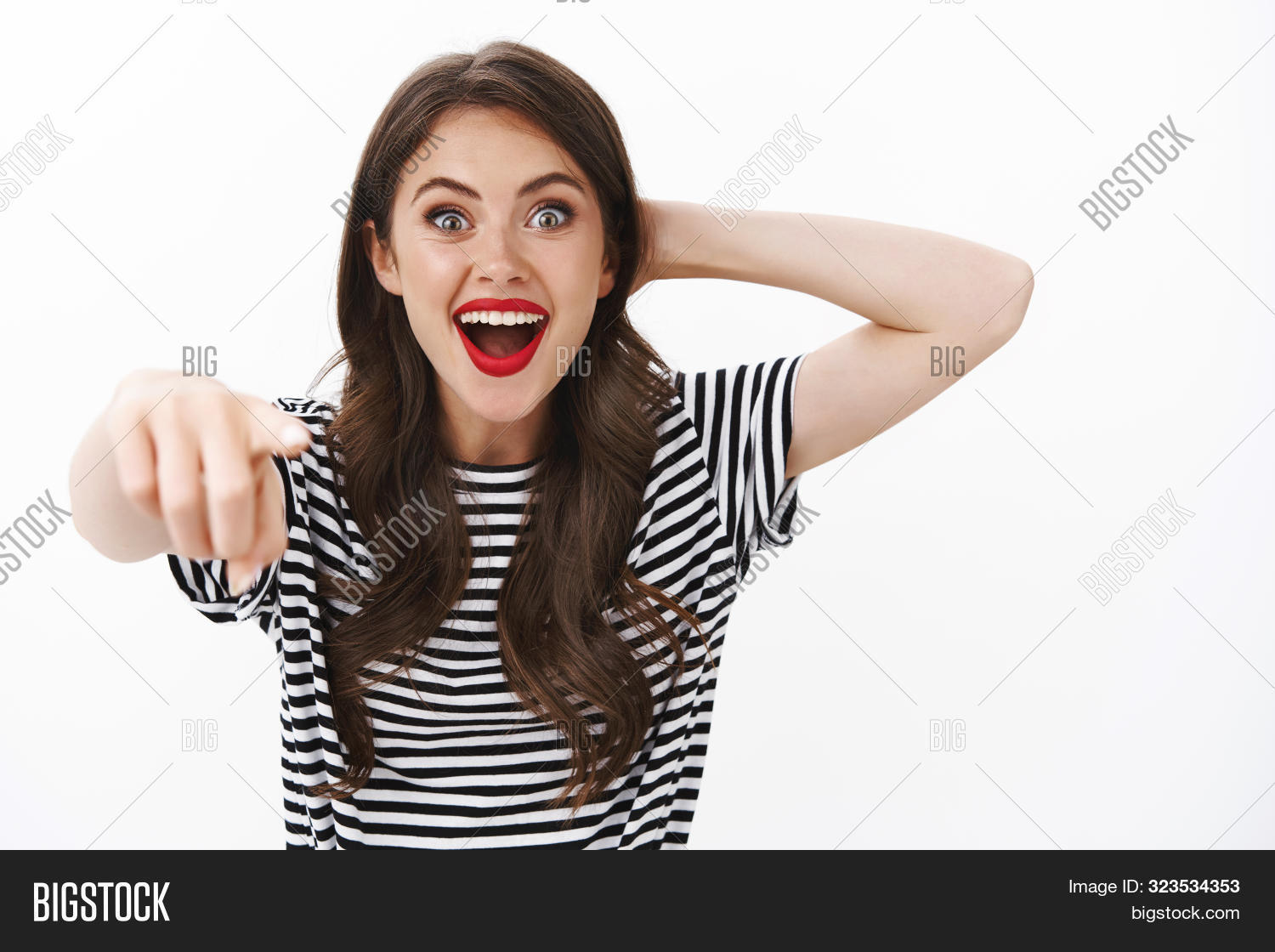 Amused Excited Cute Alluring Woman With Curly Haircut And Tattoo, Grab ...