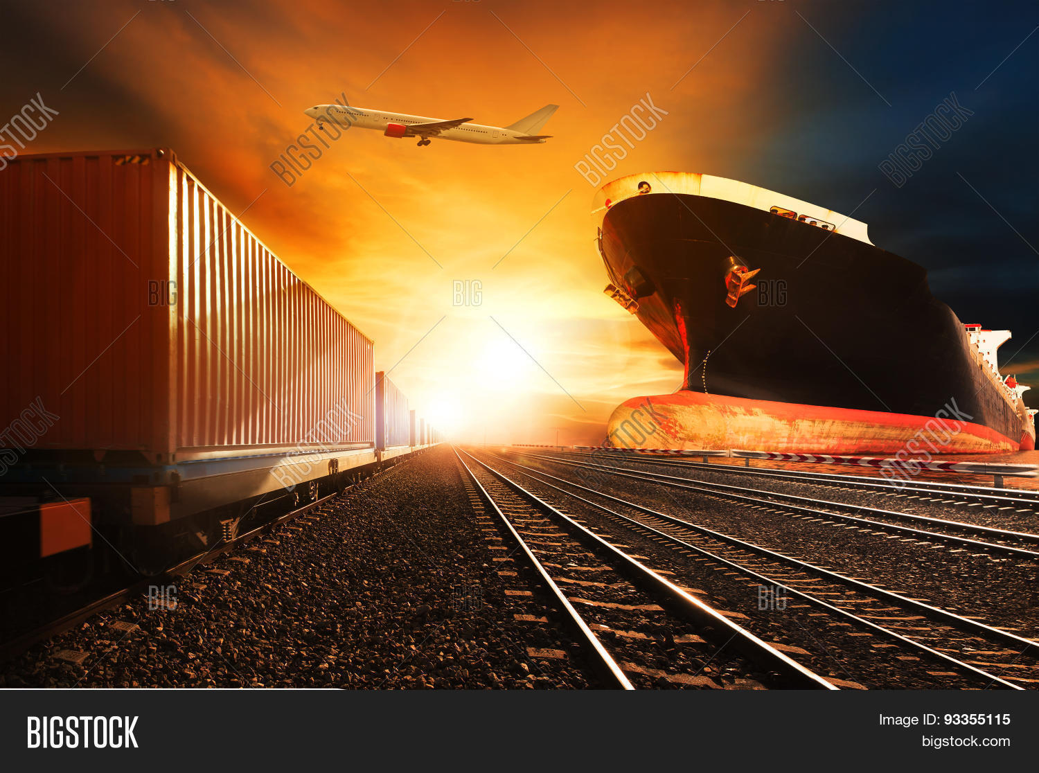 Container Trains ,commercial Ship On Port Freight Cargo Plane Flying ...