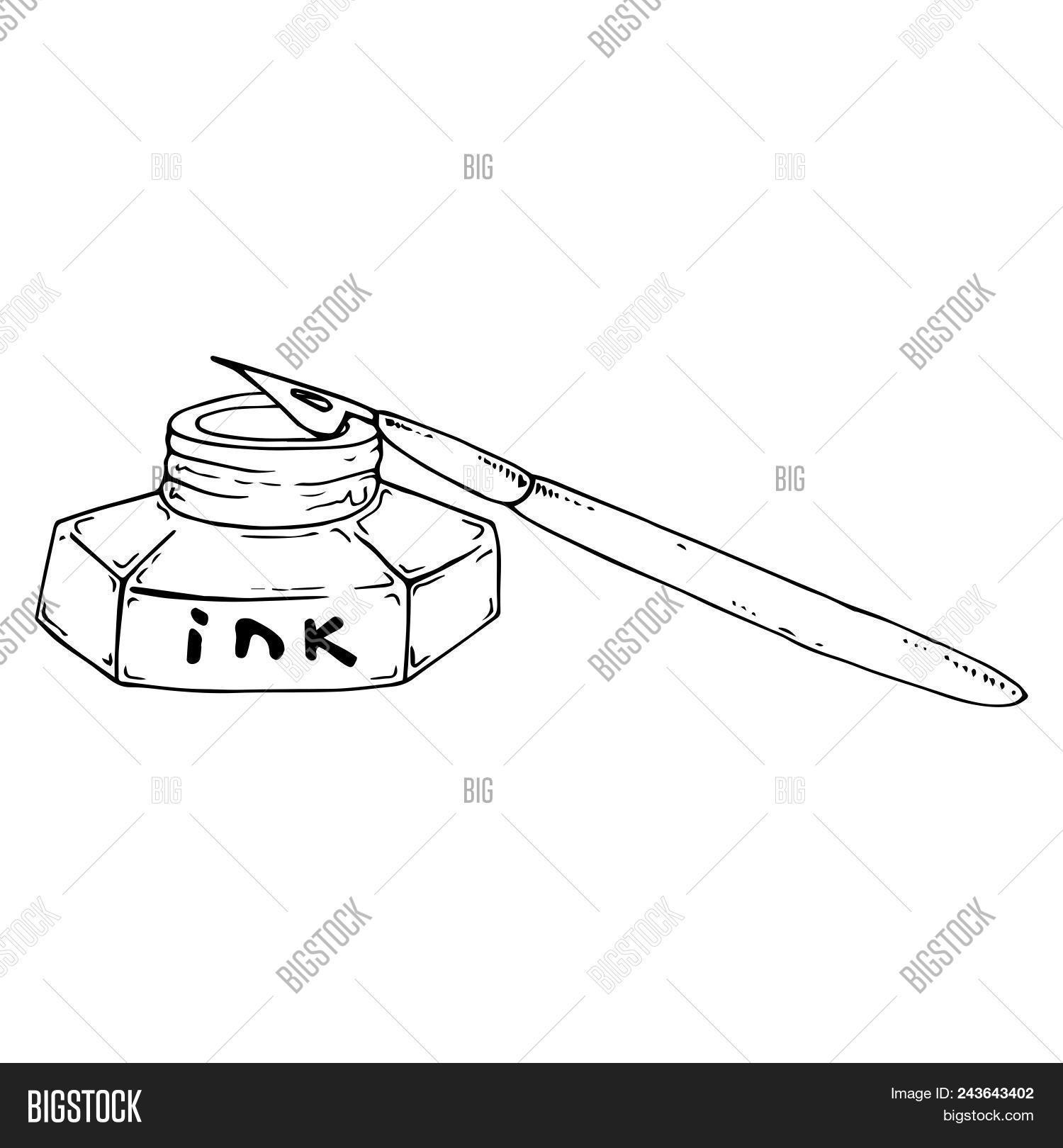 Inkwell With A Pen For Calligraphy. Vector Illustration Of A Pen And ...